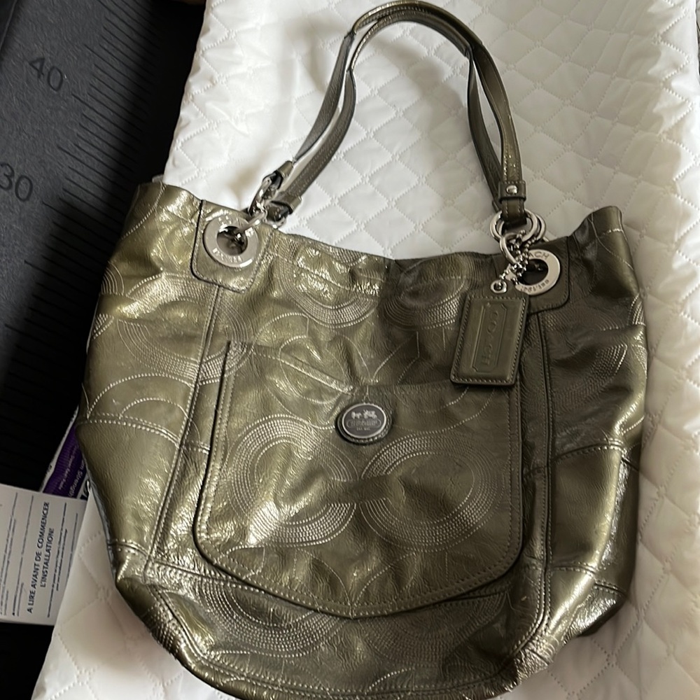 Coach Alex Patent Leather Tote Color: Silver - Gem